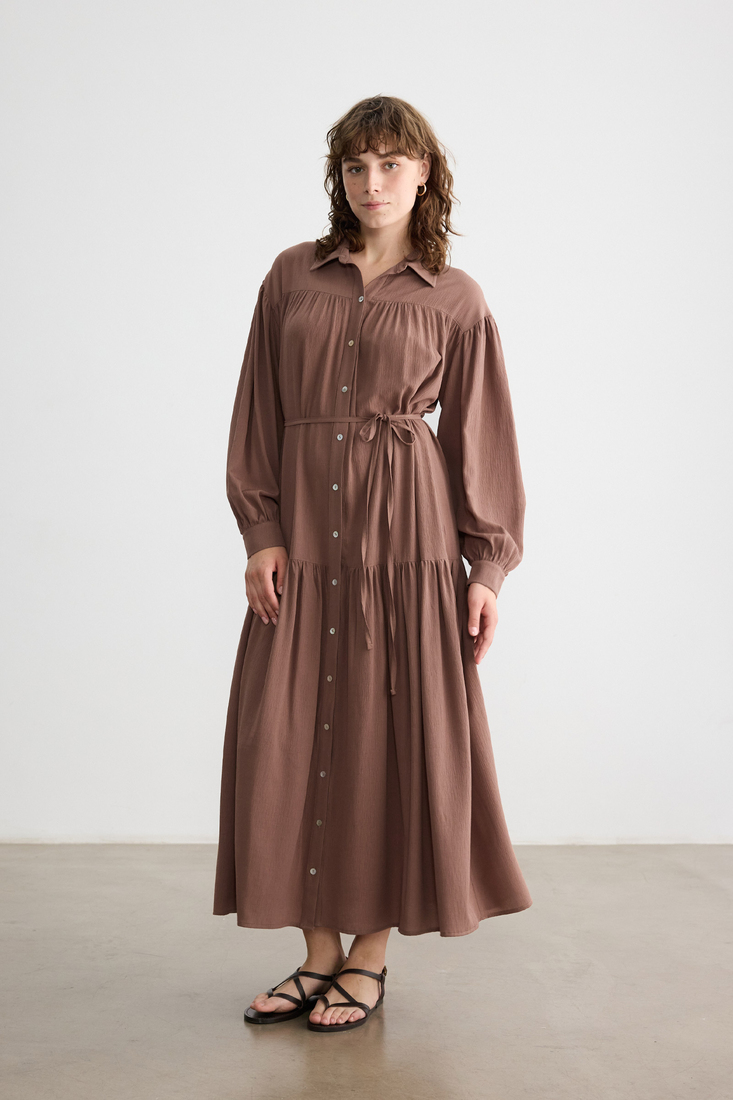 GÜLKURUSU SEDEF DÜĞMELİ KRİNKIL ELBİSE Online Satın Al! | Be Blue